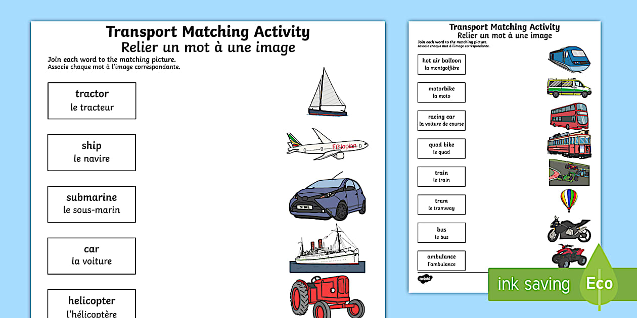 Editable Transport Word and Picture Matching Worksheet English/French