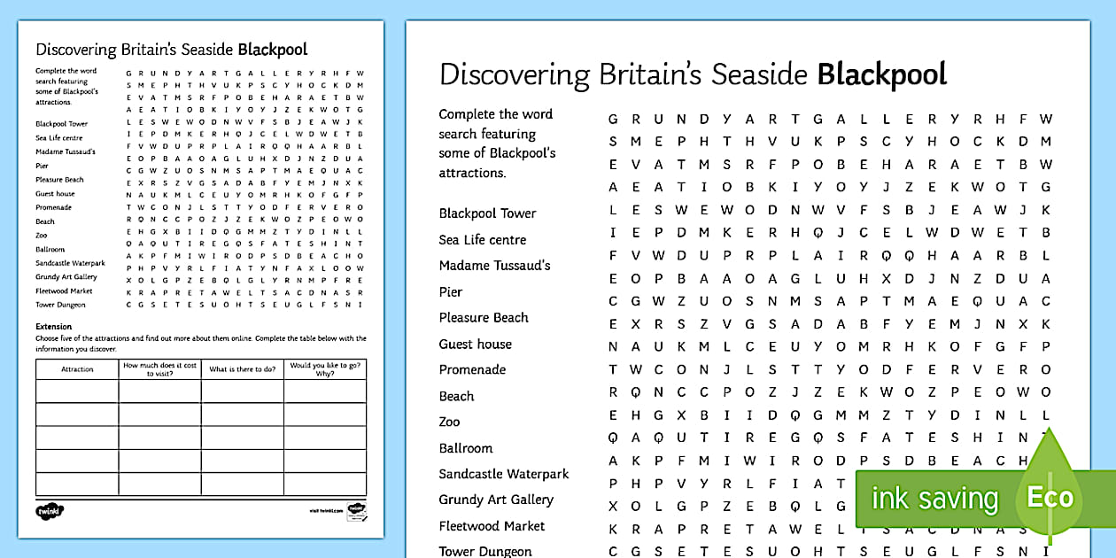 Britain's Seaside: Blackpool Word Search (teacher made)