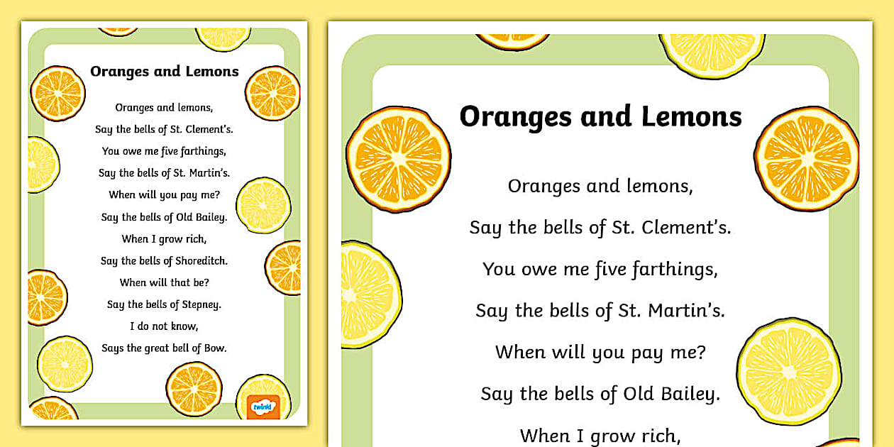 Oranges and Lemons Nursery Rhyme Poster (Shortened Version)