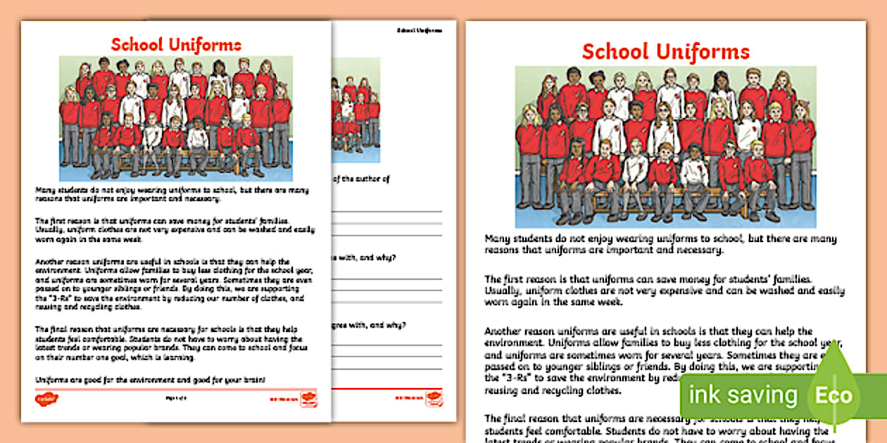 School Uniforms Point of View Worksheet - Twinkl