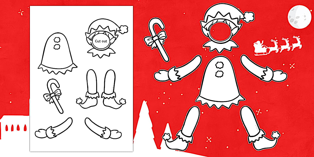 Elf Colour and Cut Out Template - Primary Resources - Twinkl