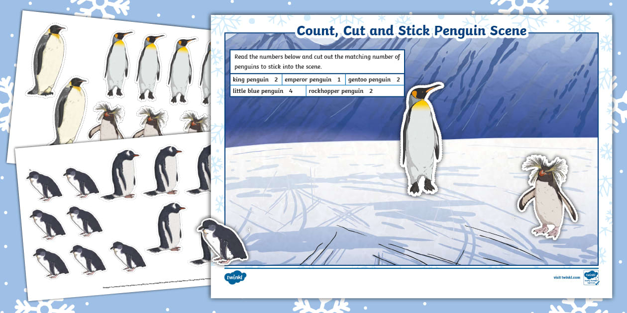 Penguins Count, Cut and Stick Worksheet - Twinkl