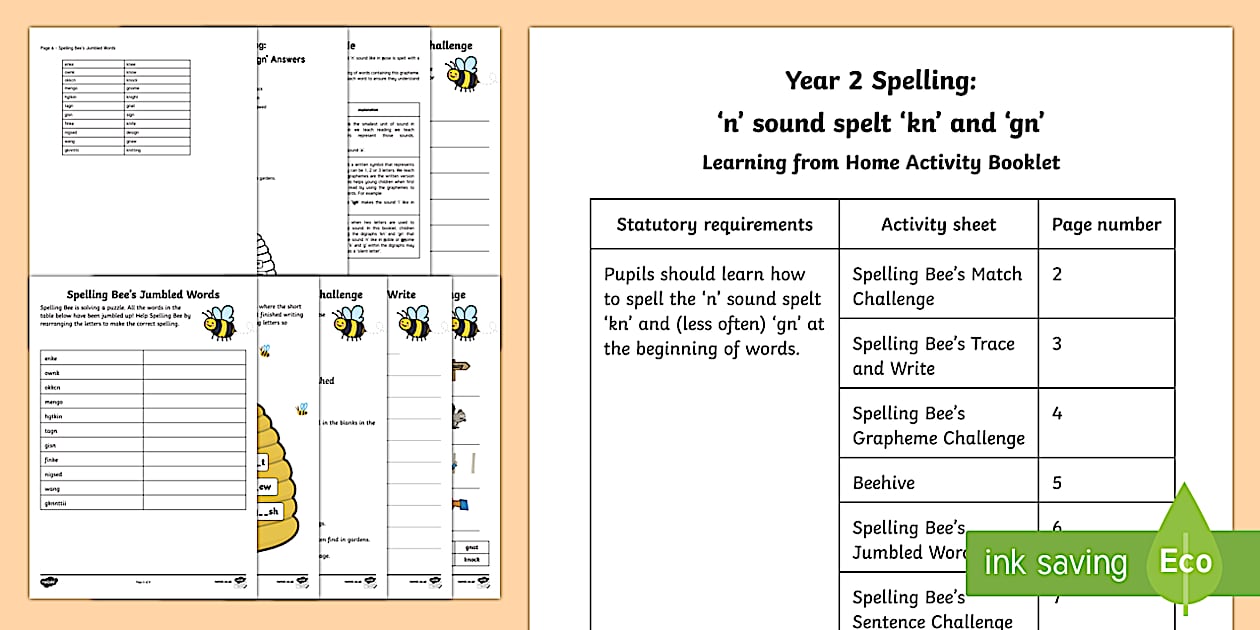 Editable Year 2 Spelling: Short /n/ sound spelt 'gn' and 'kn' Activity ...
