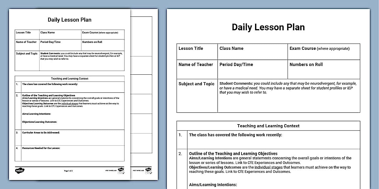 Daily Lesson Plan Template | Twinkl (teacher made) - Twinkl