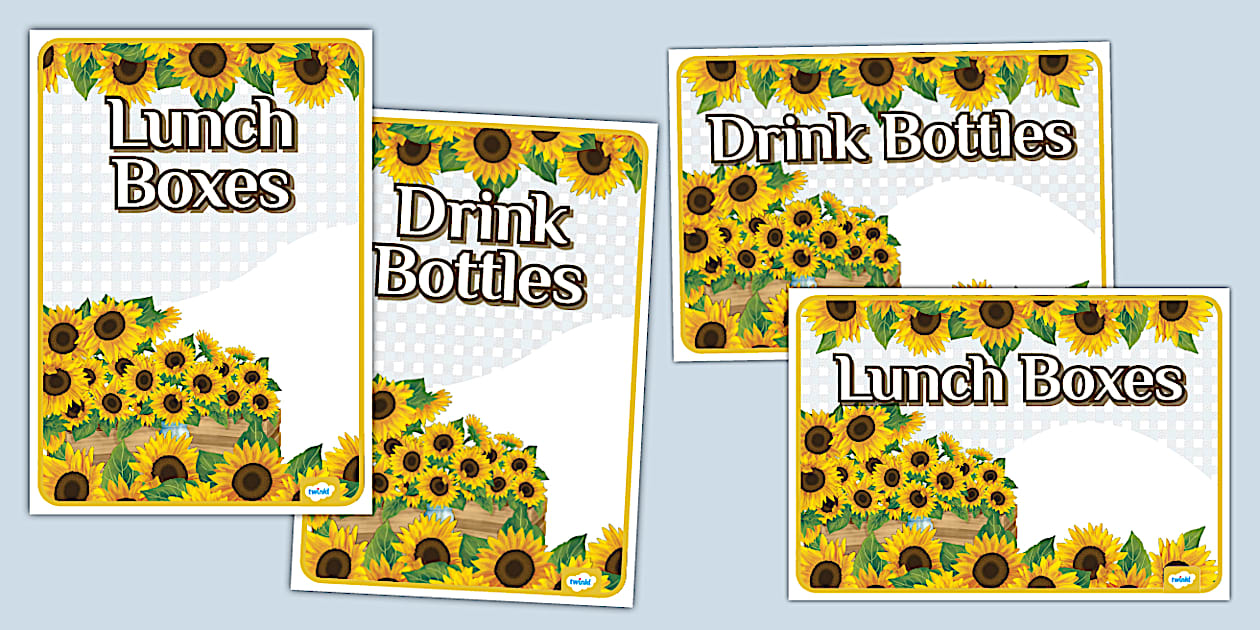 Sunflower Themed Mealtime Lunch Box and Drink Bottle Signs
