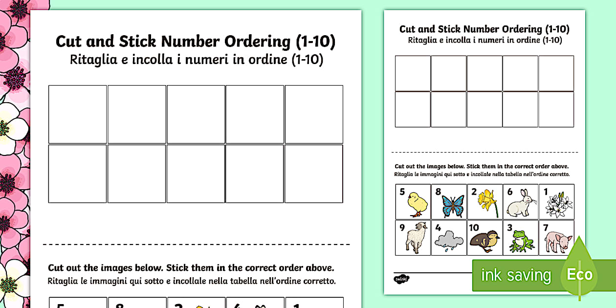 Spring Themed Cut and Stick Number Ordering Sheets 1 to 10 English/Italian