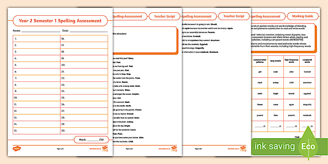 Year 2 Semester 1 Spelling Assessment (Teacher-Made)