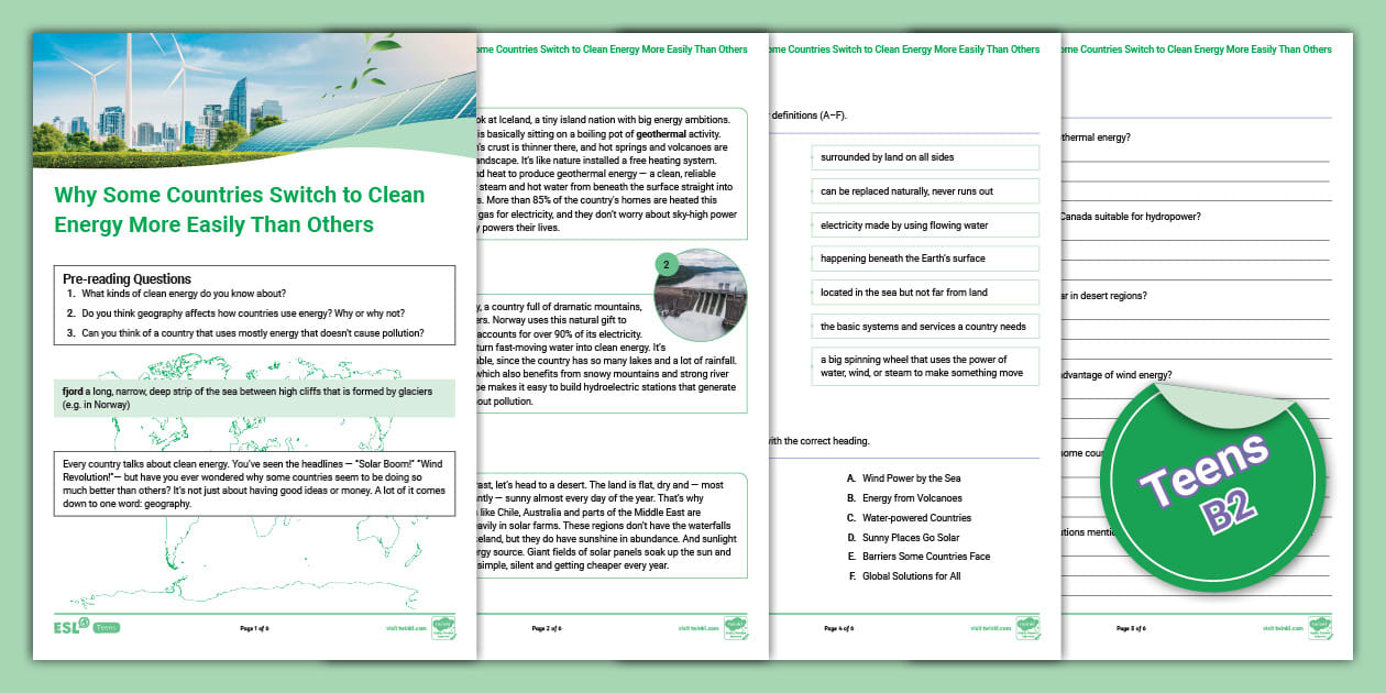 Clean Energy Reading: Geographical Advantages (teacher made)