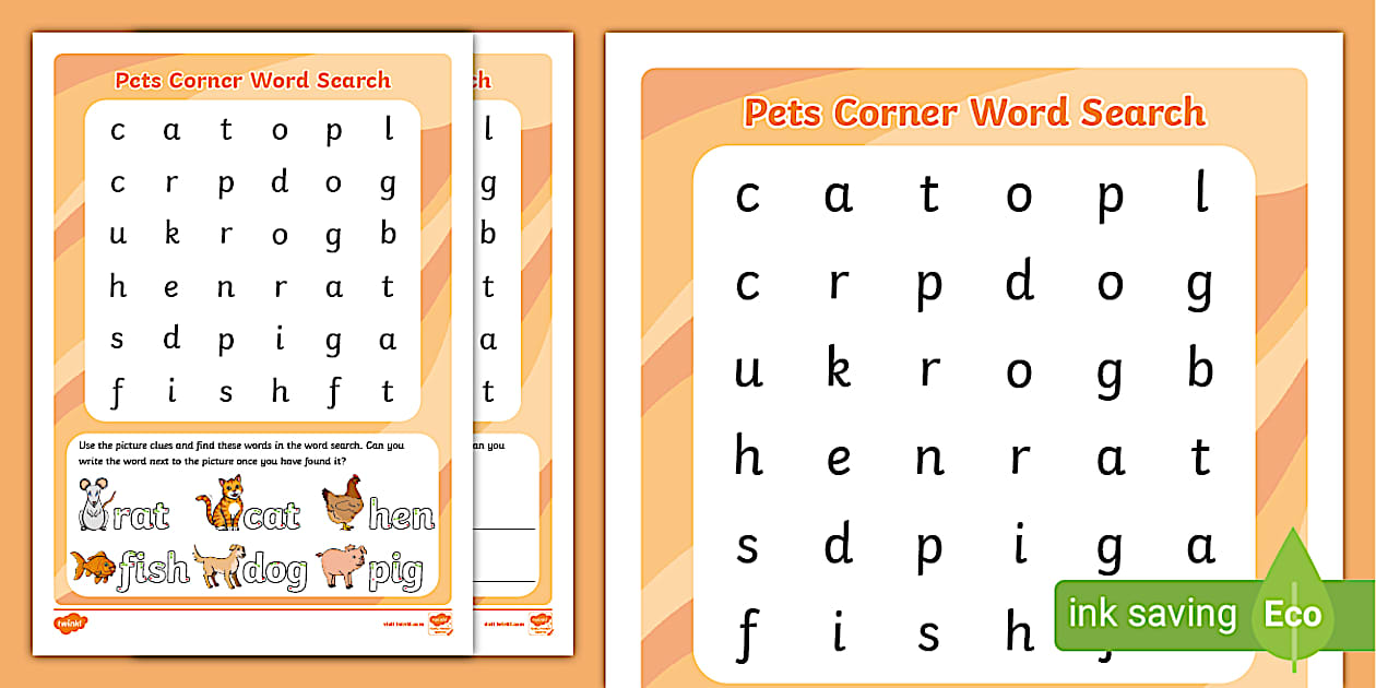Pets Corner Word Search Activity for National Pet Month