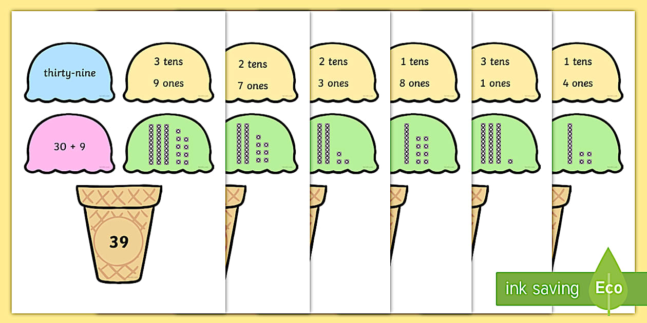 Black and White Place Value Ice Cream Cone Matching Activity Tens and Ones