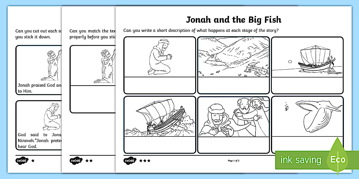 Middle Ability Jonah and the Big Fish Differentiated Sequencing Worksheet