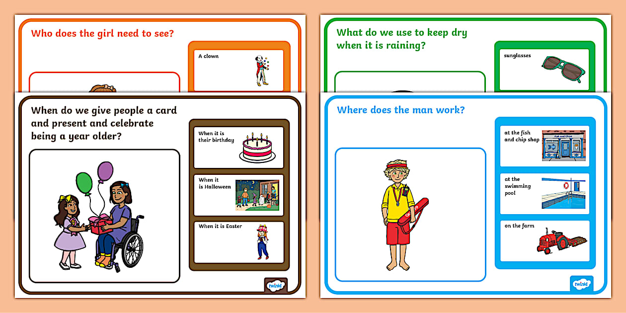 Colourful Semantics Question Cards: When, Who, Where, What