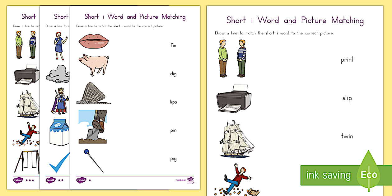Short i Word and Picture Matching Differentiated Worksheet / Worksheets
