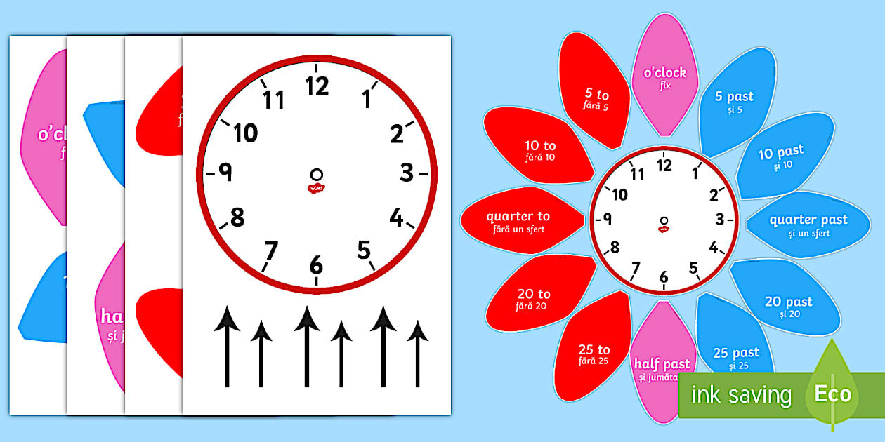 Editable Analogue Clock Flower Labels English/Romanian