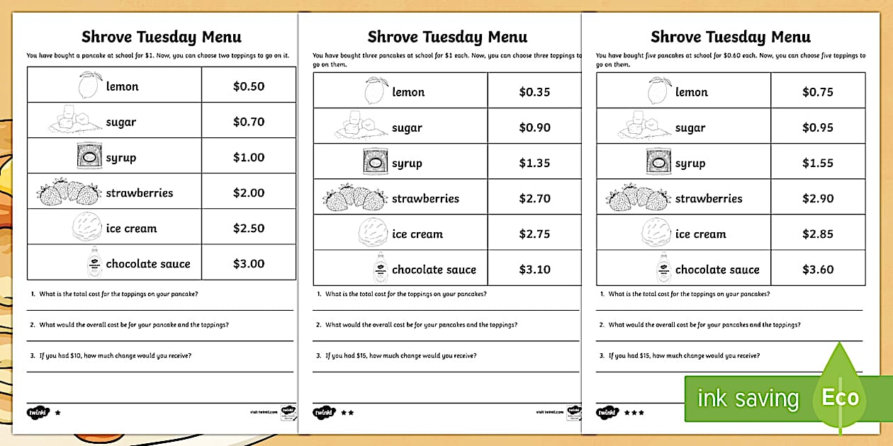 Years 3-4 Shrove Tuesday Menu Differentiated Worksheets
