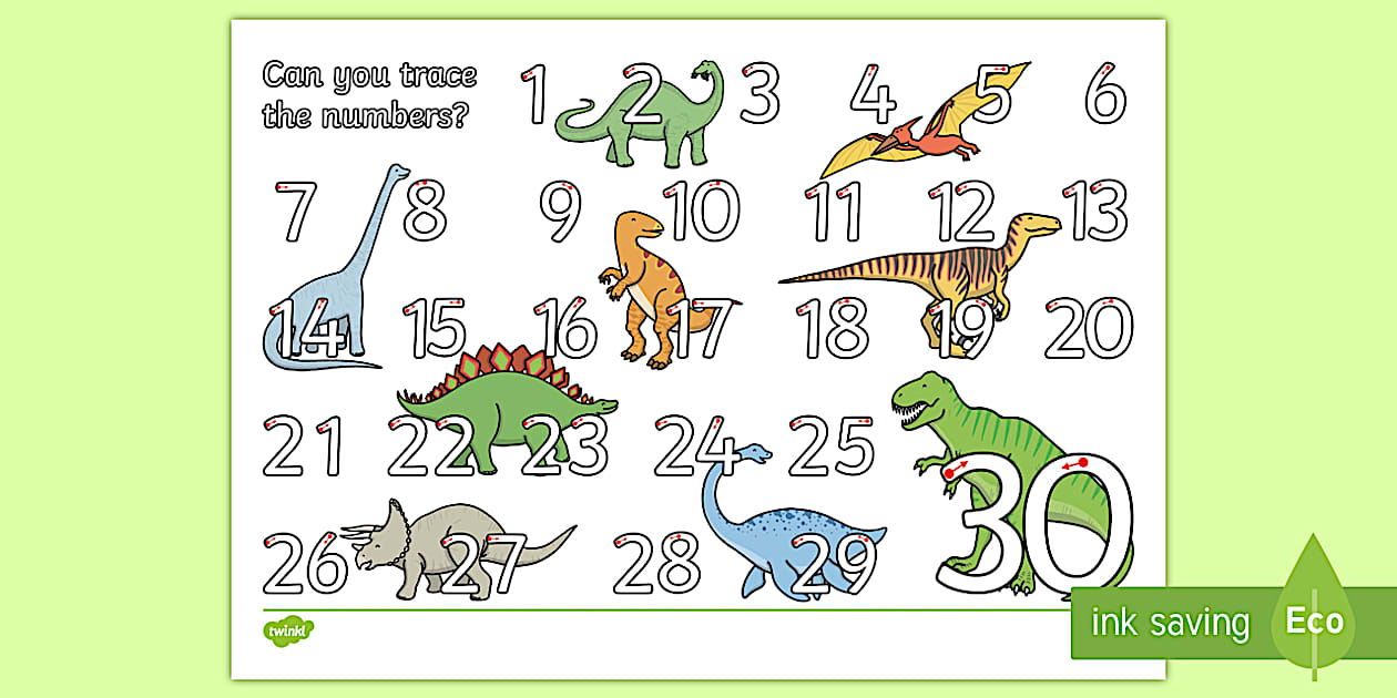 Black and White Dinosaur Themed Number Formation 1-30 Worksheet