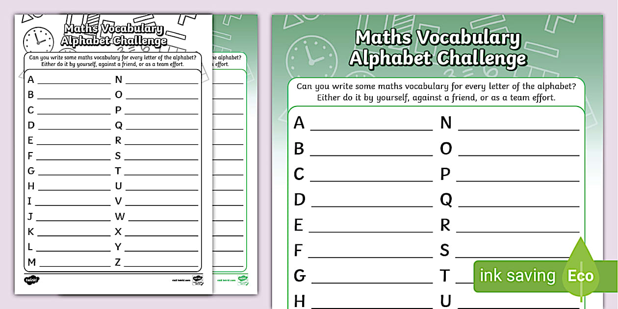 👉 Maths Vocabulary Alphabet Challenge Worksheet - Twinkl