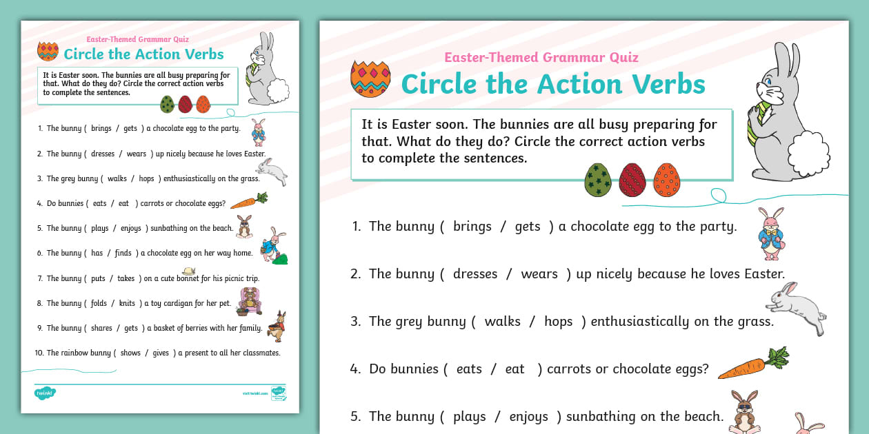Easter-Themed Grammar Quiz | Circle the Action Verbs | Bunny