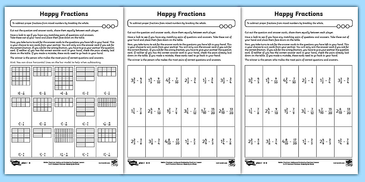 👉 Subtracting Fractions from Mixed Numbers Maths Differentiated Activity