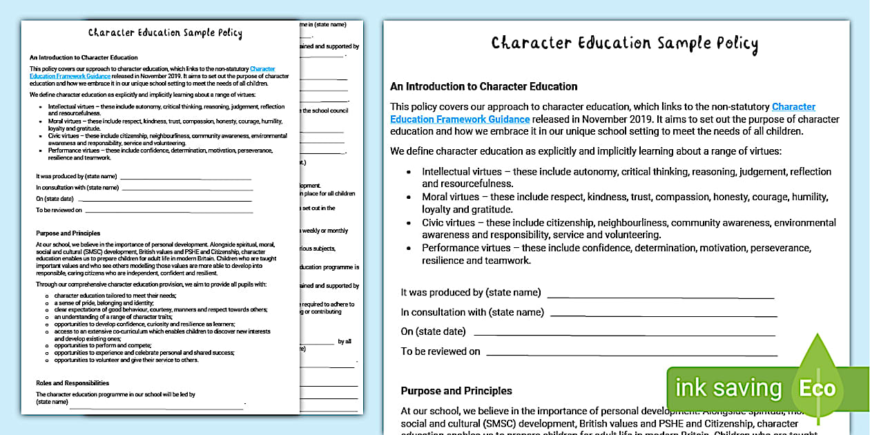 Character Education Sample Policy (teacher made) - Twinkl