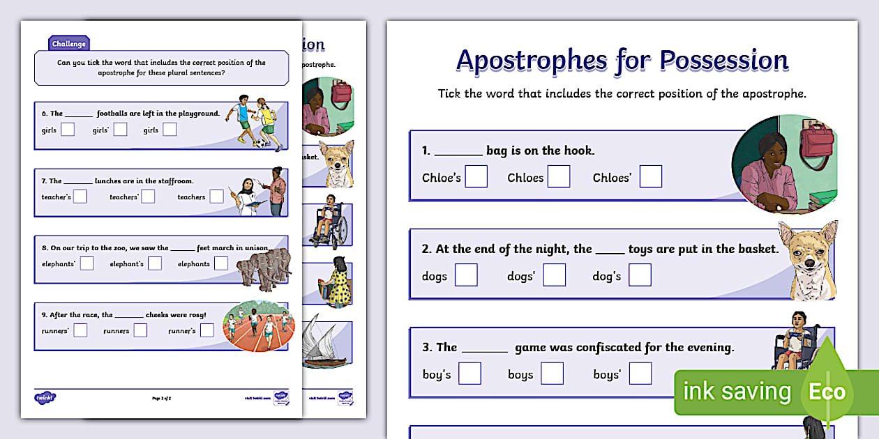 Apostrophes for Possession Paper Quiz - Twinkl
