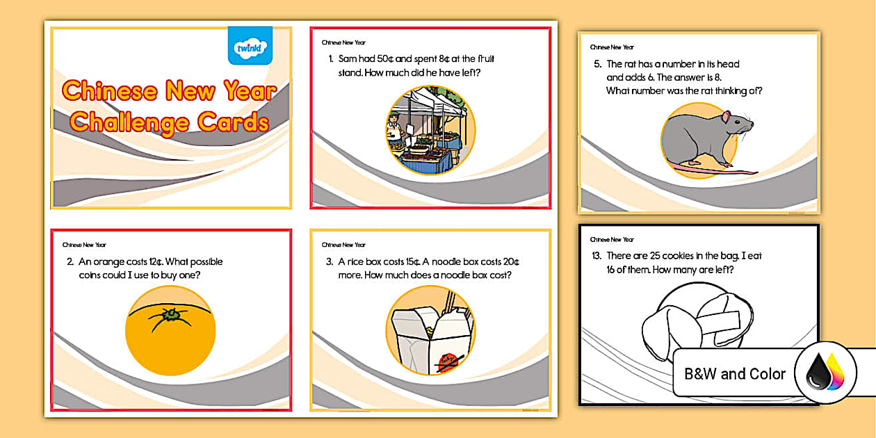 Chinese New Year Word Problems Math Challenge Cards for 1st-2nd Grade