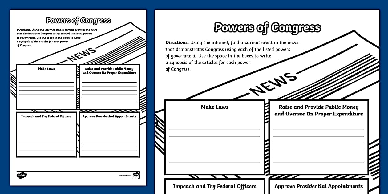 Eighth Grade Powers of Congress Current Events Research Worksheet