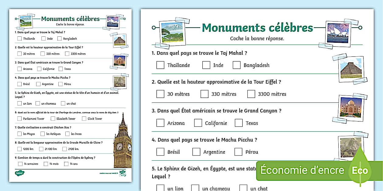 Quiz sur les monuments célèbres du monde (teacher made)