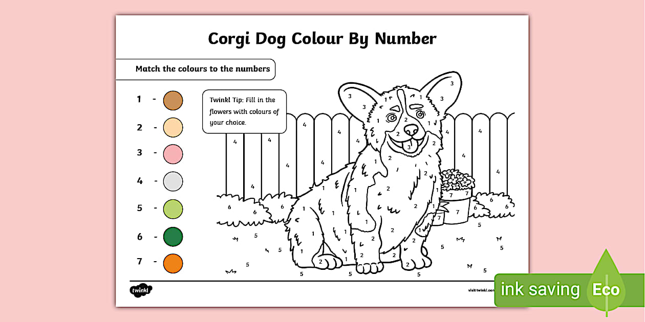 Corgi Dog Colour-By-Number Worksheet | Twinkl | Colouring