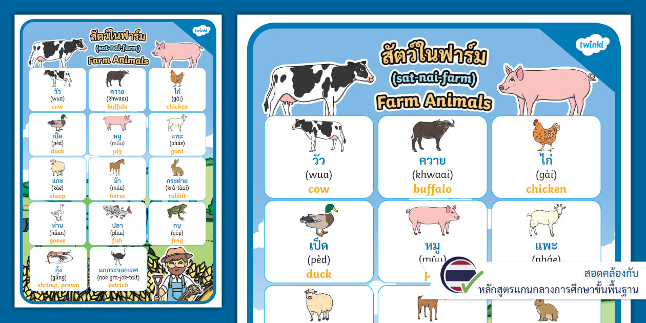 Farm Animals in Thai with English Pronunciation Display Poster