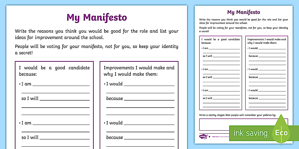 Pupil Voice - School Community - Learning Leaders - Manifesto Worksheet