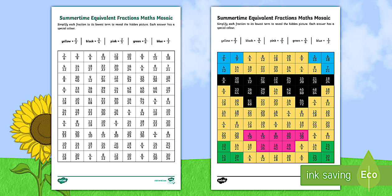 KS2 Summer Themed Equivalent Fractions Mosaic Worksheet