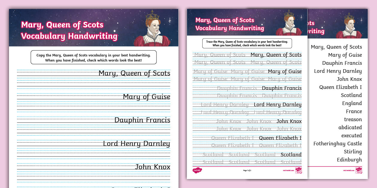 Mary, Queen of Scots Left-Handed Handwriting Activity Sheets
