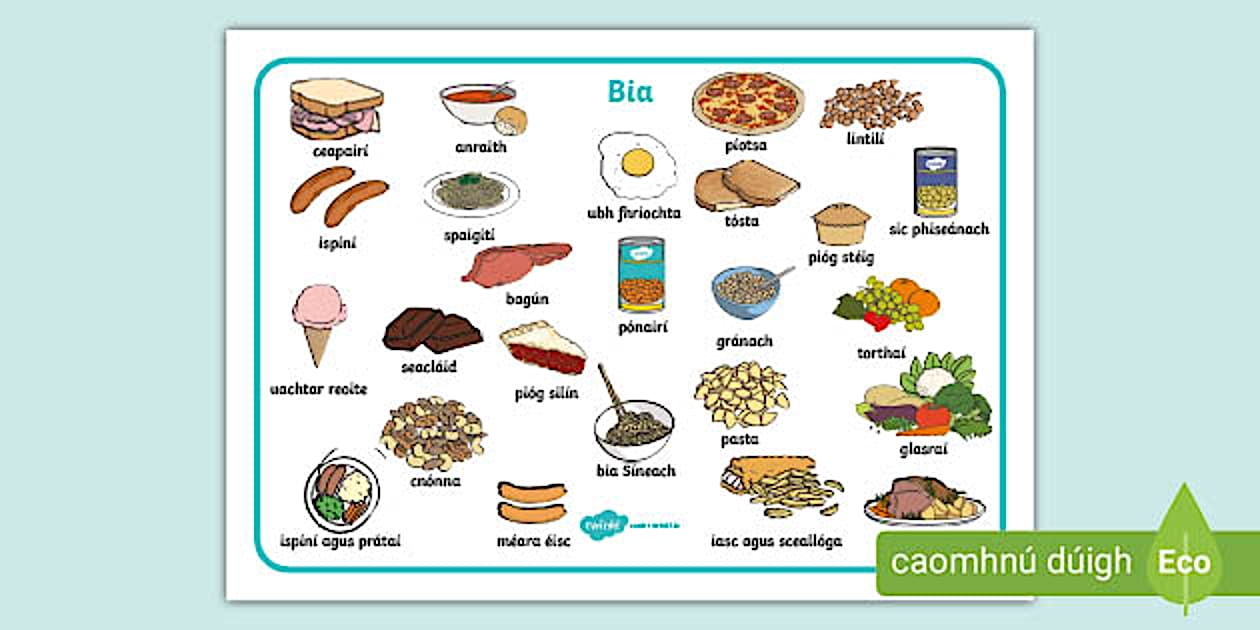 Food Word Mat Gaeilge (teacher made) - Twinkl