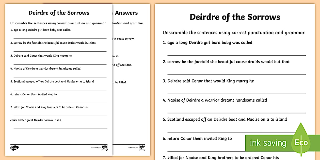 ROI Deirdre of the Sorrows Sentence Unscramble Worksheet / Worksheet