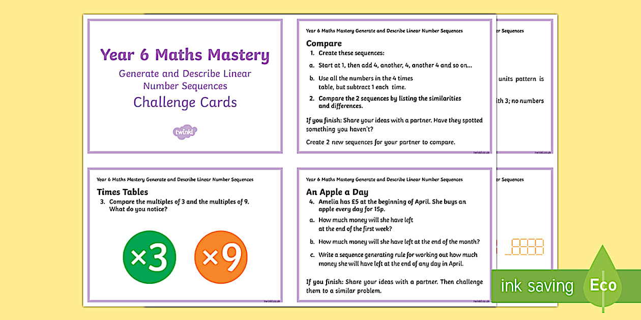 Year 6 Algebra: Generate and Describe Maths Mastery Challenge Cards