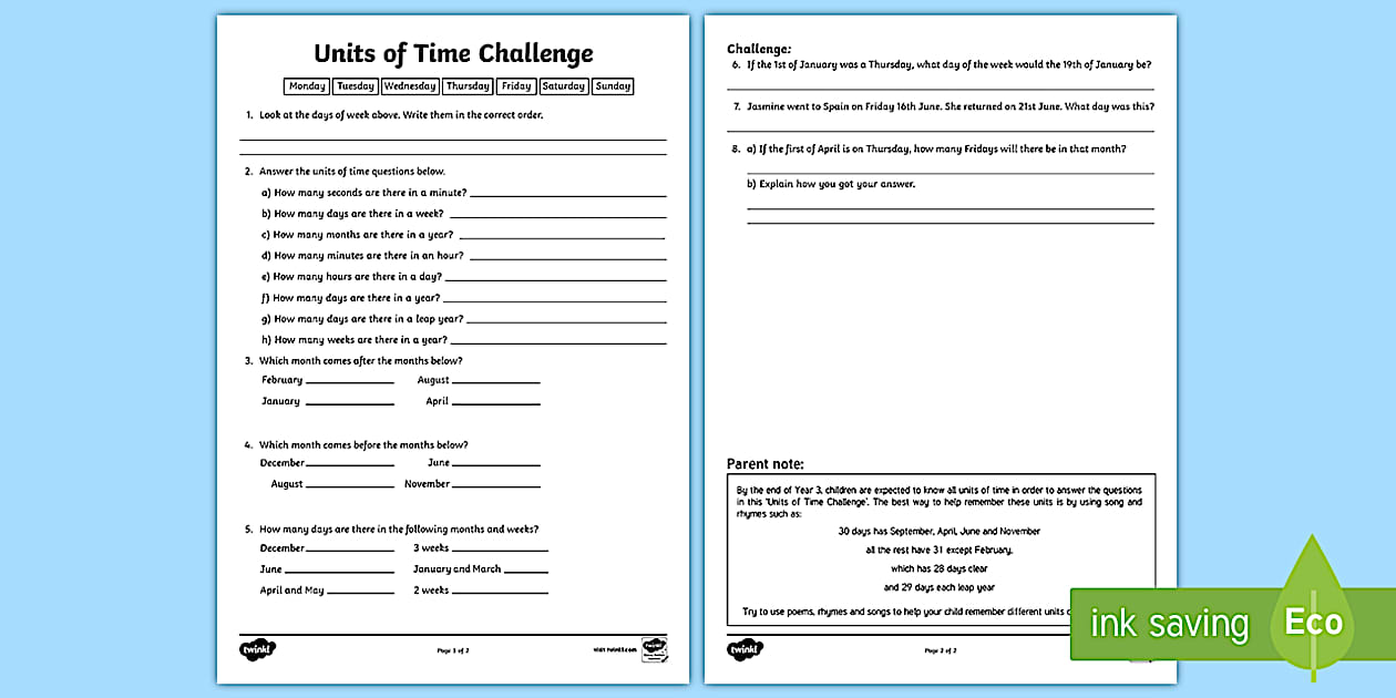 Units of Time Challenge Worksheet / Worksheet (teacher made)