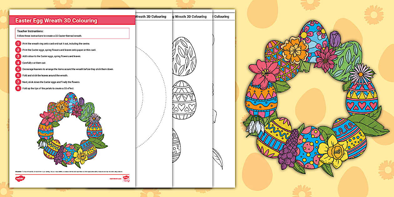 Easter Wreath 3D Colouring Pages (teacher made) - Twinkl