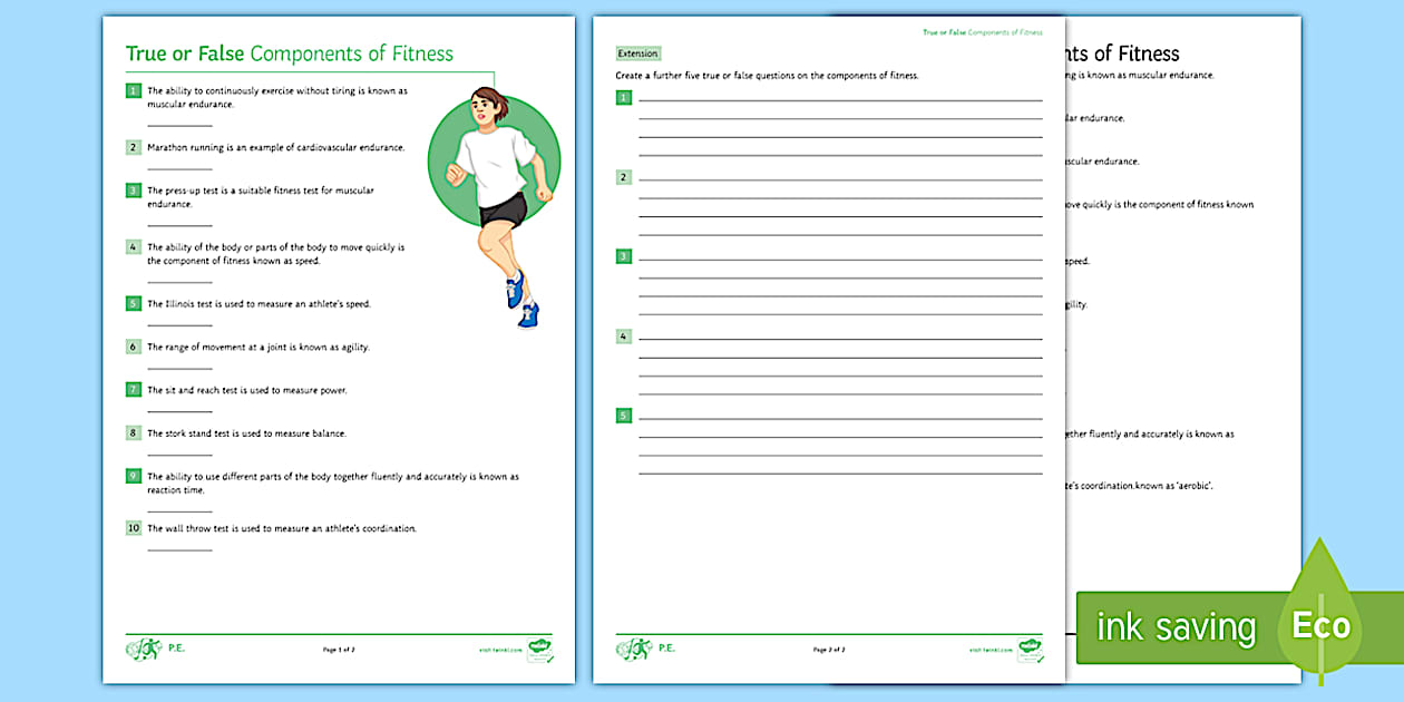 GCSE PE: Components of Fitness True or False Worksheet