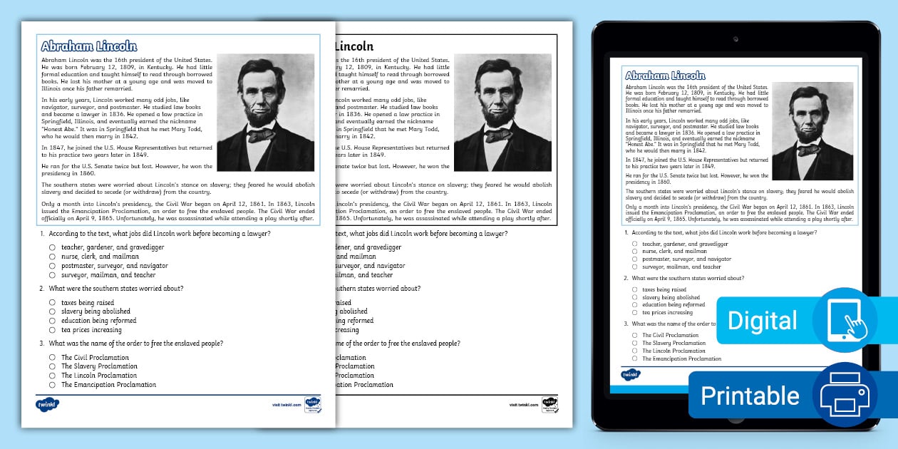 Fifth Grade Abraham Lincoln Reading Comprehension - Twinkl