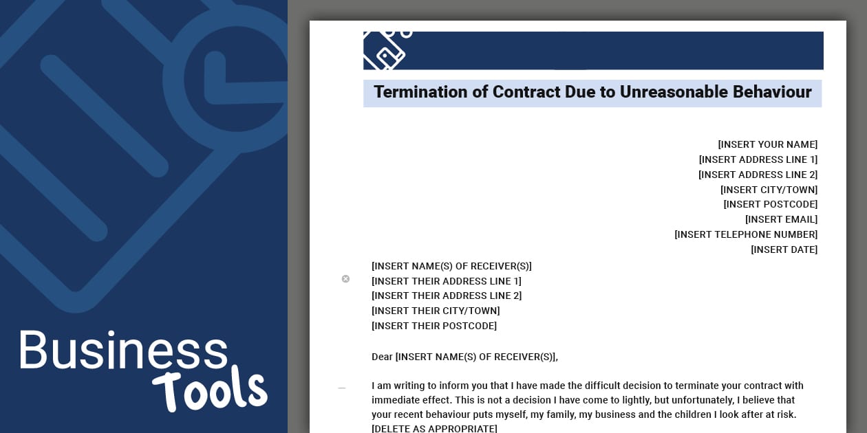 Termination of Contract Due to Unreasonable Behaviour Letter