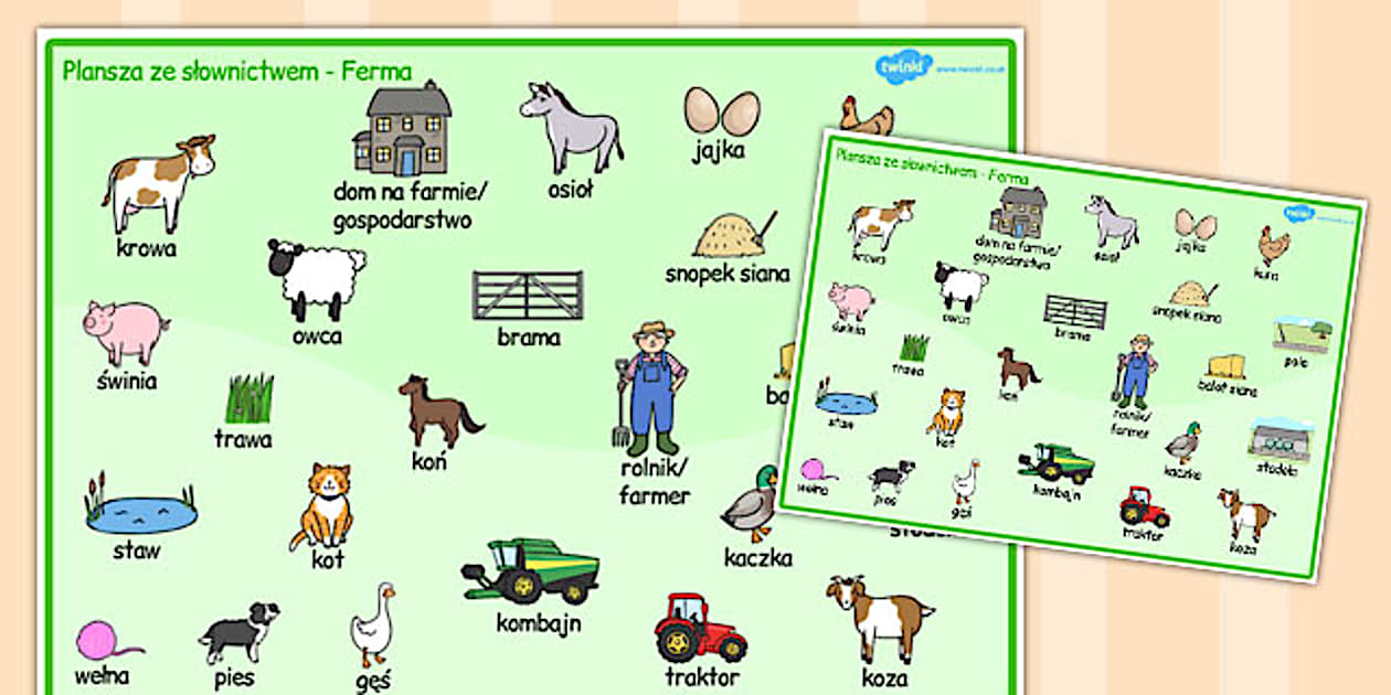 Plansza ze slownictwem Na farmie po polsku - Twinkl