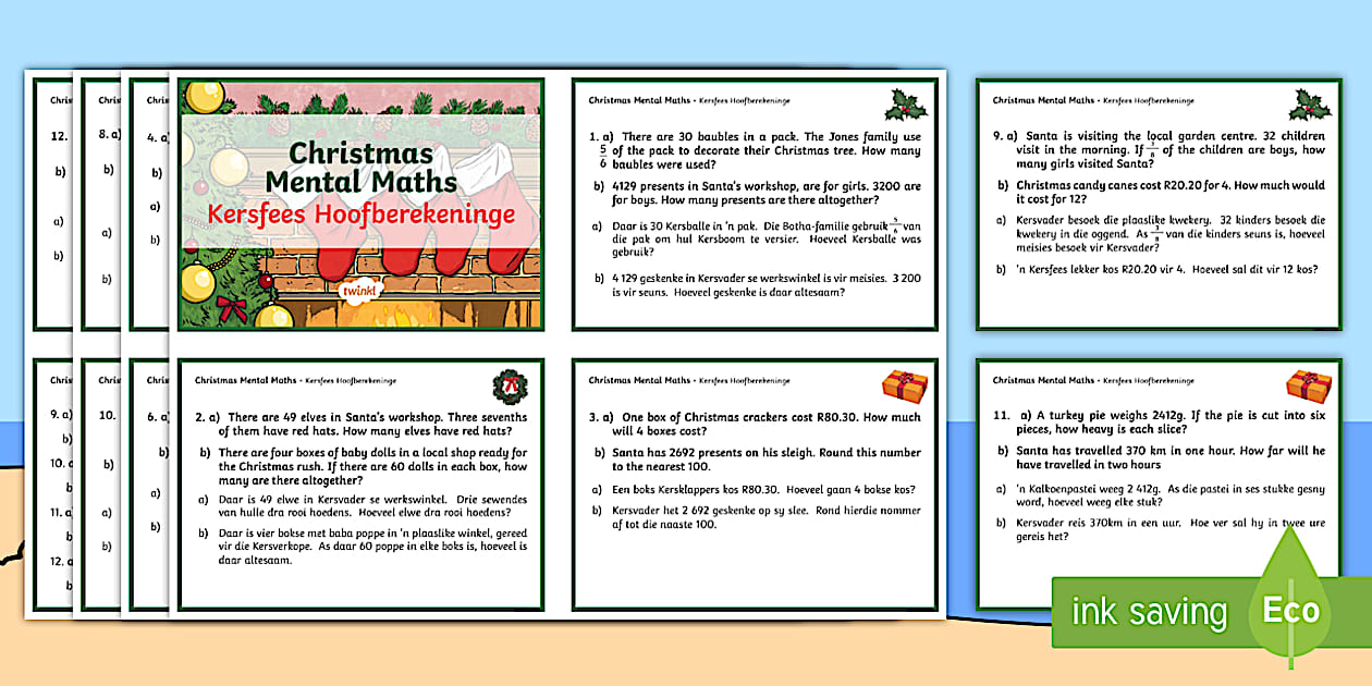 Christmas Mental Maths Challenge Cards English/Afrikaans