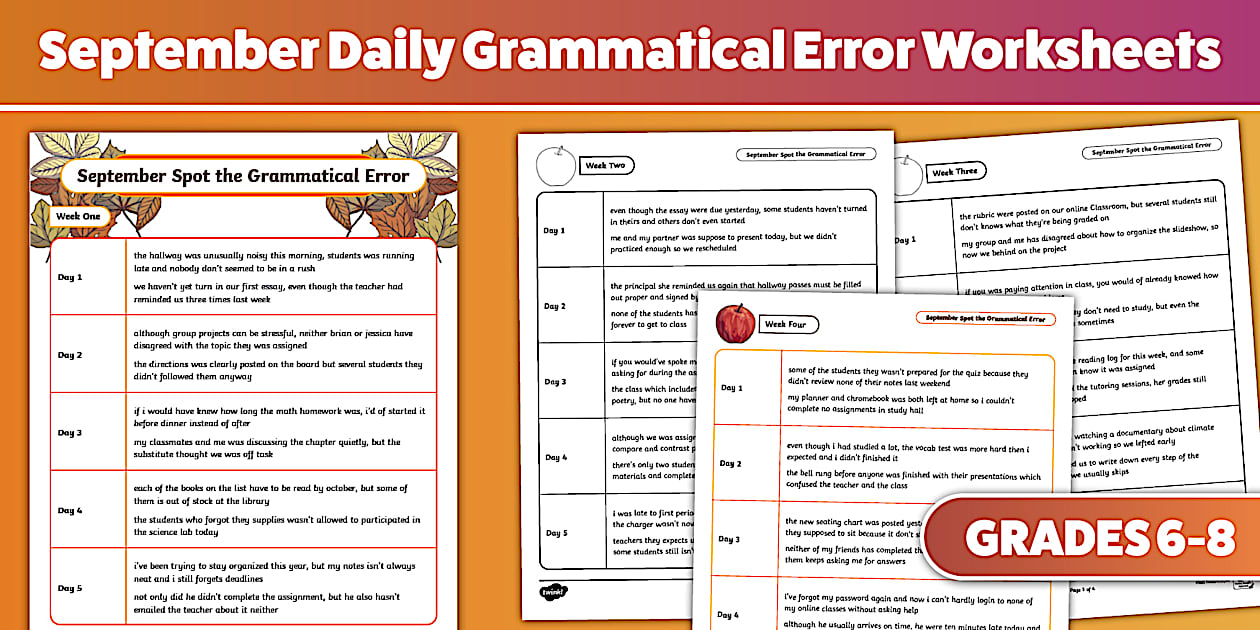 September Spot the Grammatical Error Worksheet for 6th-8th G