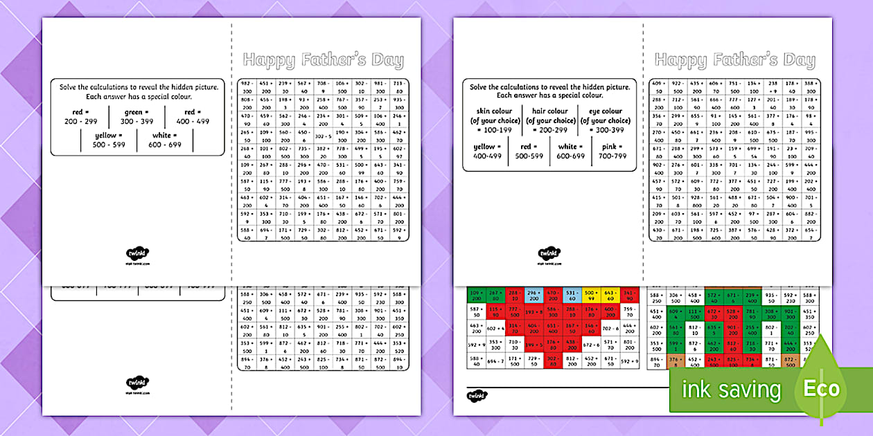 Father's Day Addition Subtraction of Ones Tens Hundreds Maths Mosaic Cards