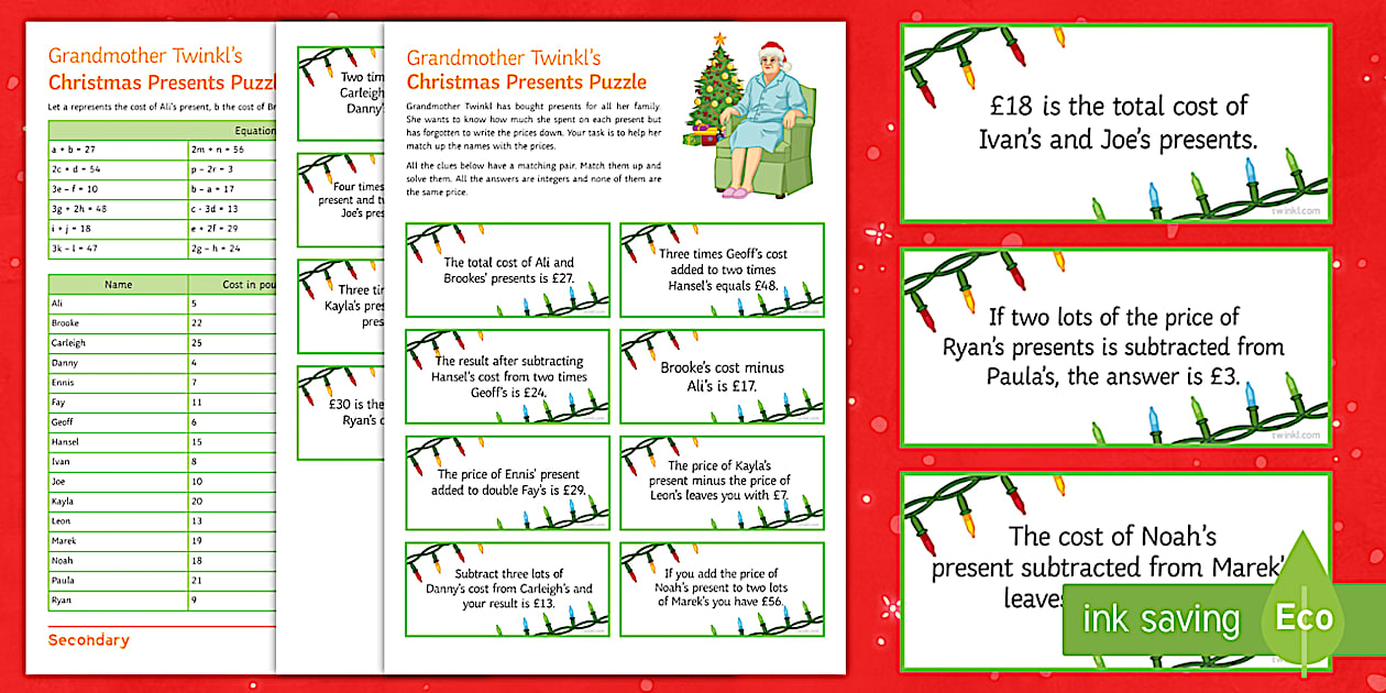 Christmas Simultaneous Equations Puzzle Worksheet / Worksheet