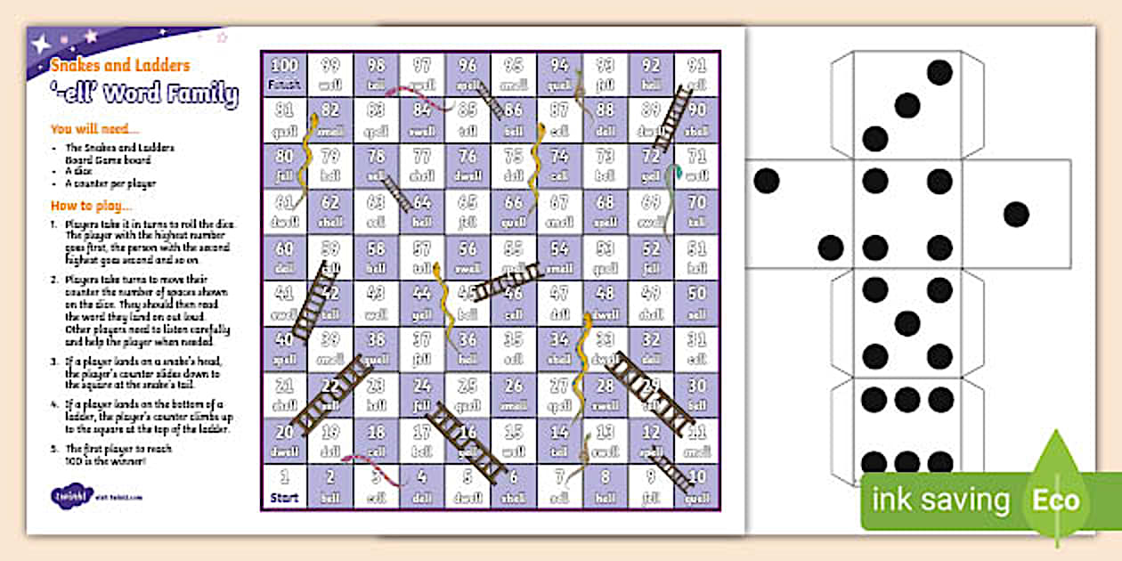 Snakes & Ladders Word Family '-ell' Game (teacher made)