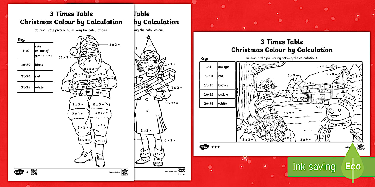 3 Times Table Christmas Color by Calculation Worksheets