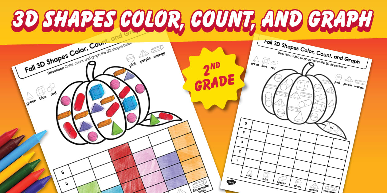2nd Grade Fall 3D Shapes Color, Count, and Graph Worksheet