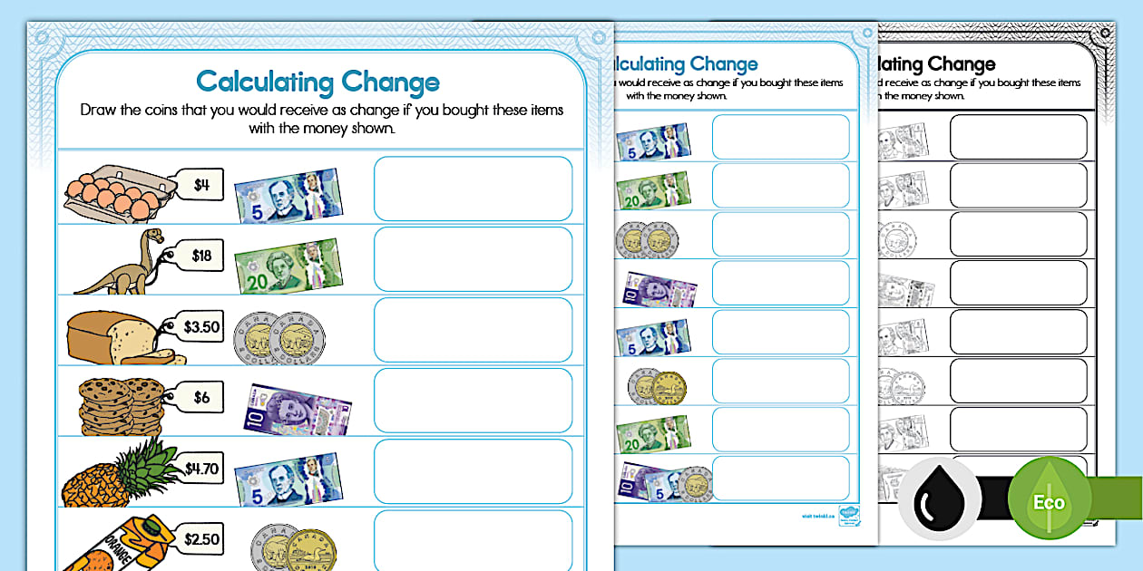Canadian Money | Calculating Change Worksheet | Twinkl